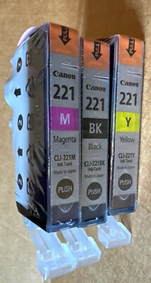 Lot of 3 Genuine Canon 221 Color Ink Cartridges Yellow, Black & Magenta ...