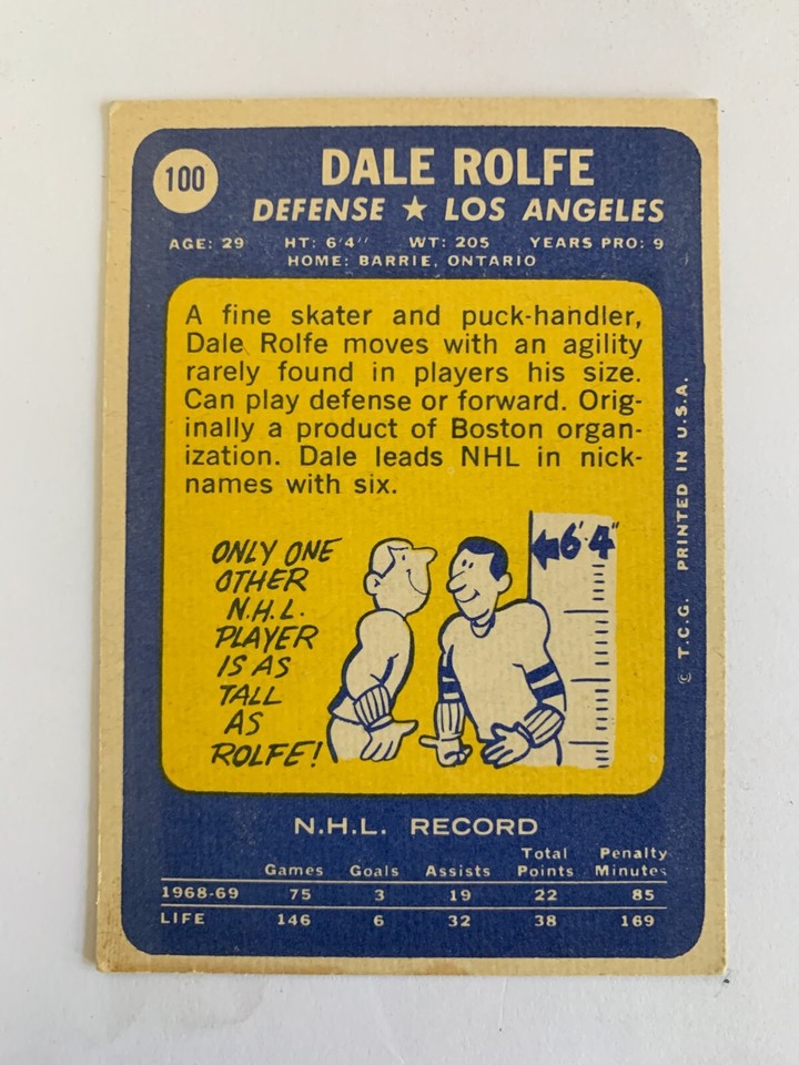 1969-70 Topps #100 Dale Rolfe - Los Angeles Kings (v4) | eBay
