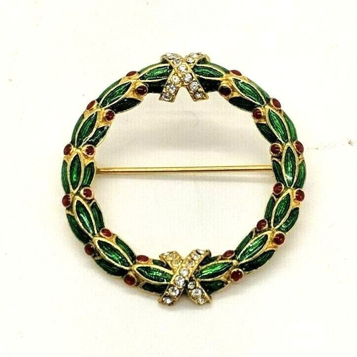 MMA Christmas Wreath BROOCH Pin FBS Faberge Vintage 24k EPlated Gold ...