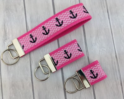 Nautical Pink Anchor Key Chain Ribbon Key Fob Wristlet, Stocking ...