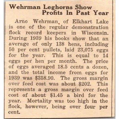 Wehrman Leghorns Show Arno Wehrman Eklhart WI 1940 Racine WI Clipping ...