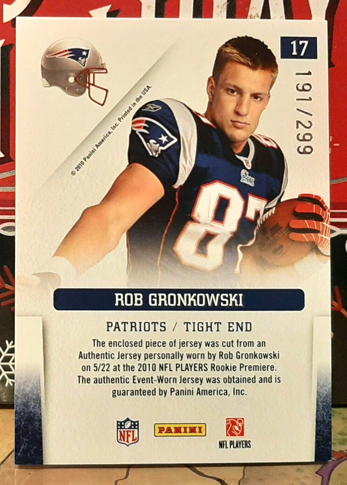 ROB GRONKOWSKI /299 JERSEY RELIC ~ 2010 PANINI GRIDIRON GEAR ROOKIE ...