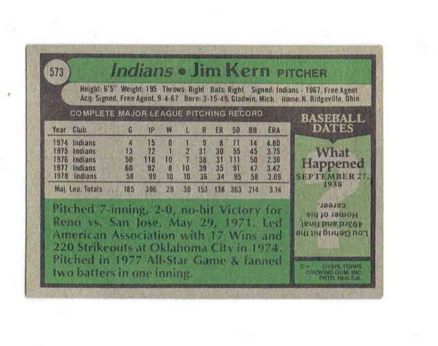 Jim Kern Cleveland Pitcher #573 Topps 1979 #Baseball Card | eBay