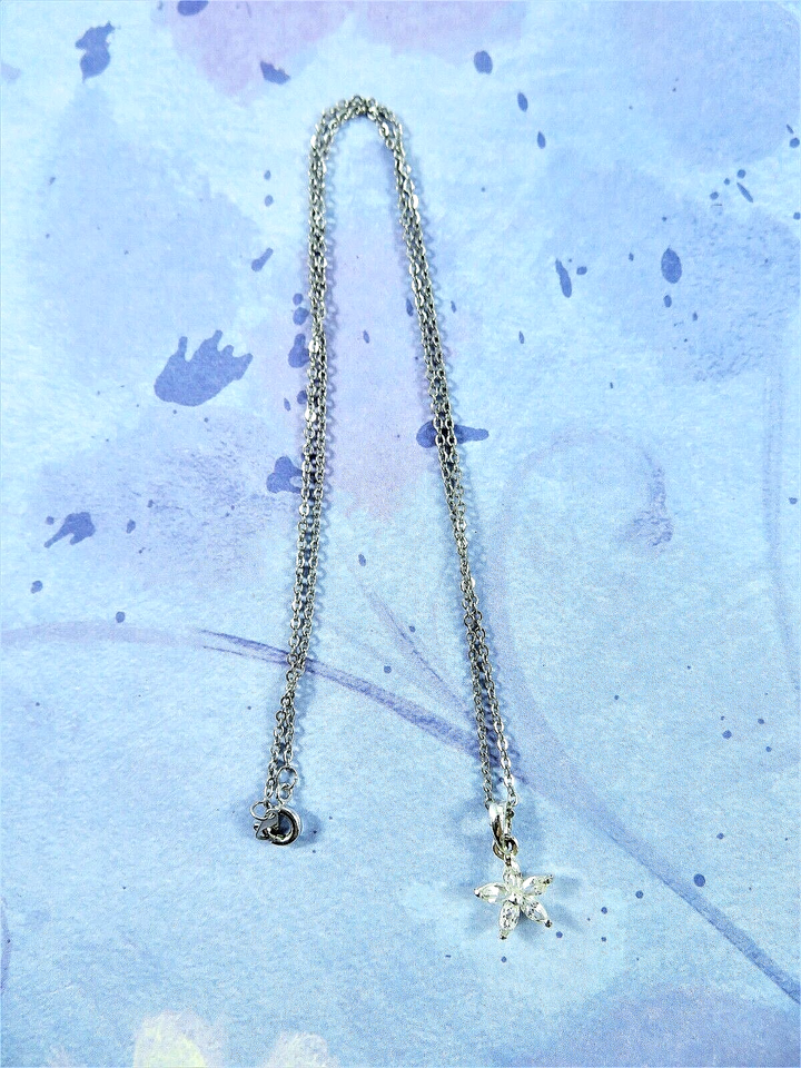 Dainty Clear Crystal Flower Petals Charm Necklace Silver Tone On 17.5 ...