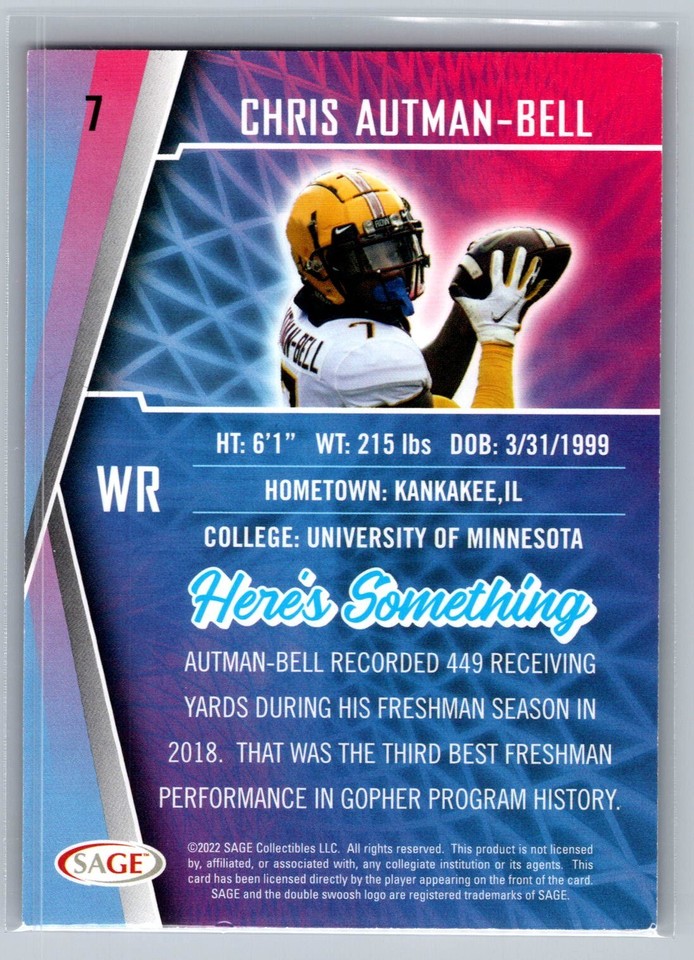 2022 SAGE HIT Football #7 Chris Autman-Bell RC Minnesota Golden Gophers ...