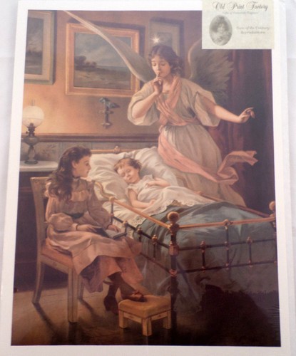 Victorian Lithograph Print "Angel Shhh...Over A Child And Baby ...