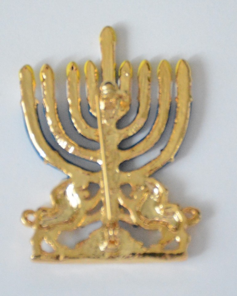 Hanukkah / Menorah Pin / Gold-tone / Candelabrum w Lions / Painted ...