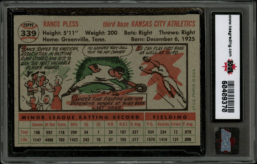 1956 TOPPS BASEBALL~#339~RANCE PLESS~ROOKIE~KANSAS CITY ATHLETICS~KSA 8 ...