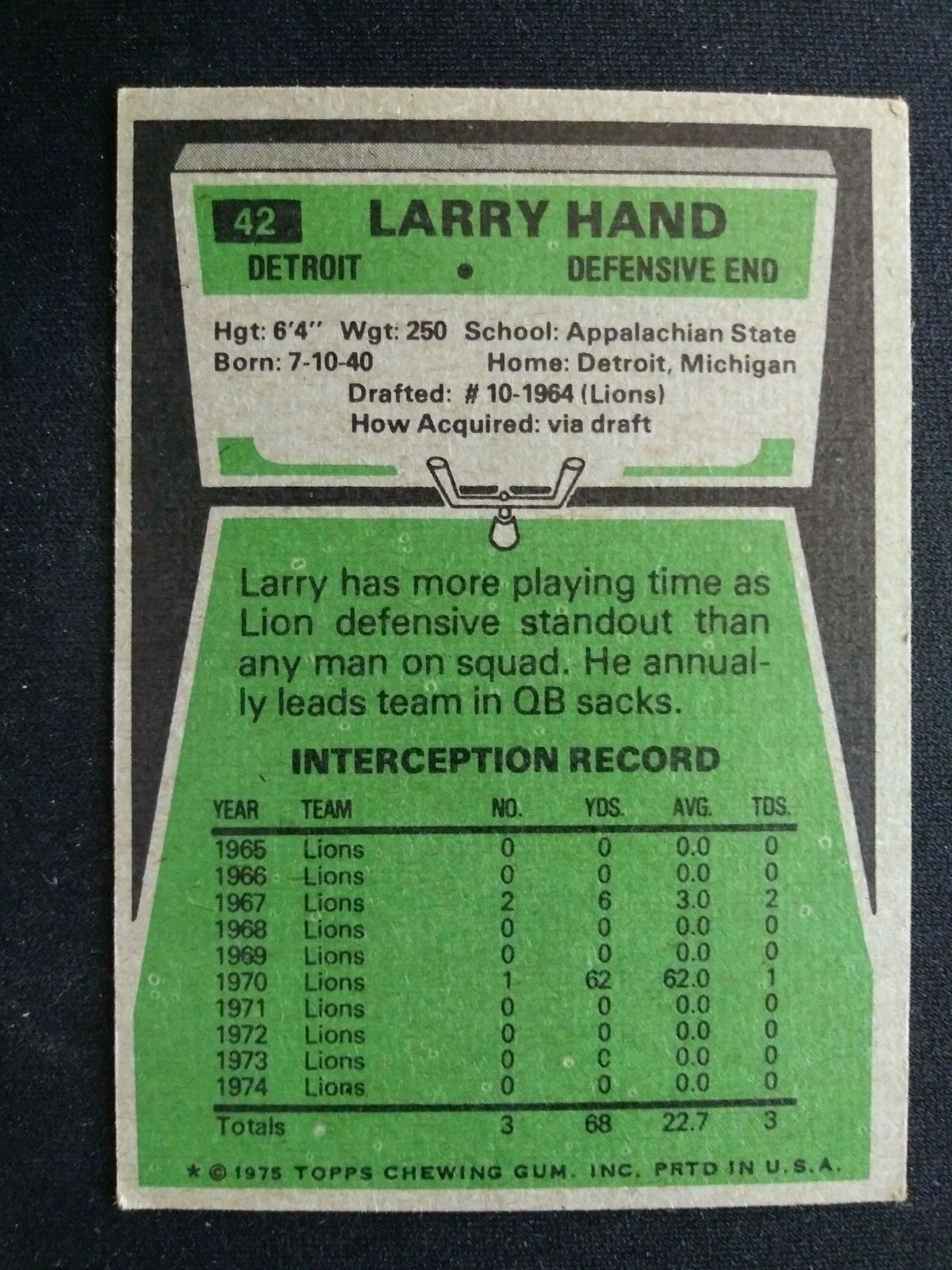 1975 Topps Football Card # 42 Larry Hand - Detroit Lions | eBay