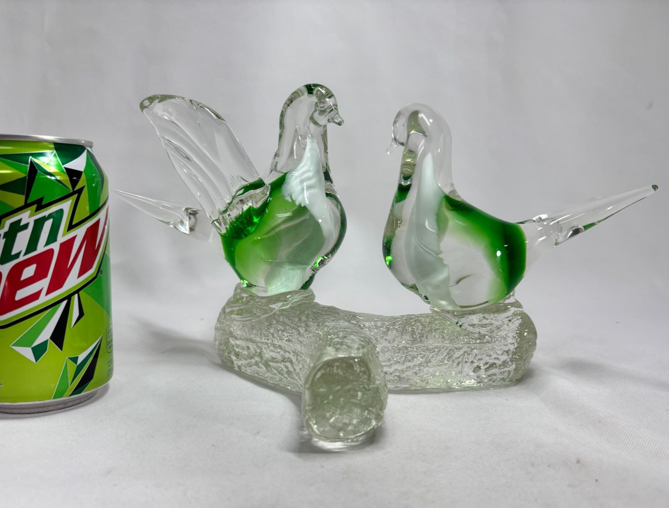 Vtg. Venetian Murano Art Glass Green & White Dove Love Birds 11" wide ...
