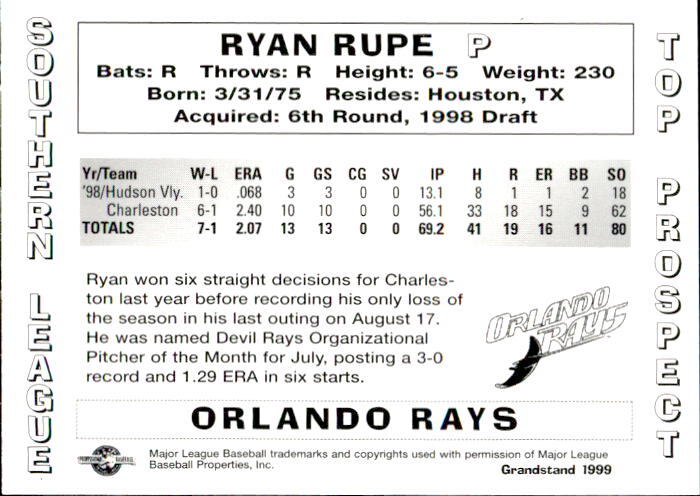 1999 Southern League Top Prospects #25 Ryan Rupe Houston Texas TX ...