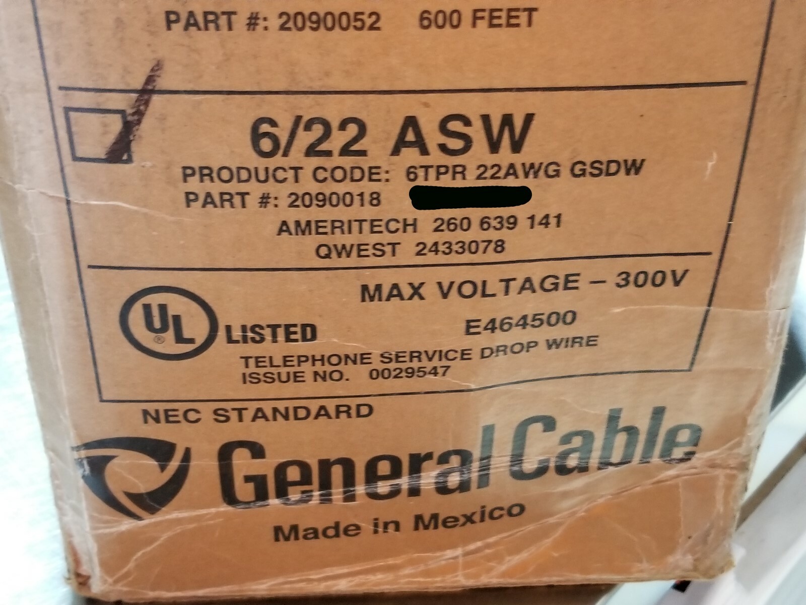 General Cable 2090018 22/6P NM Support Telephone Service Drop Wire ASW ...
