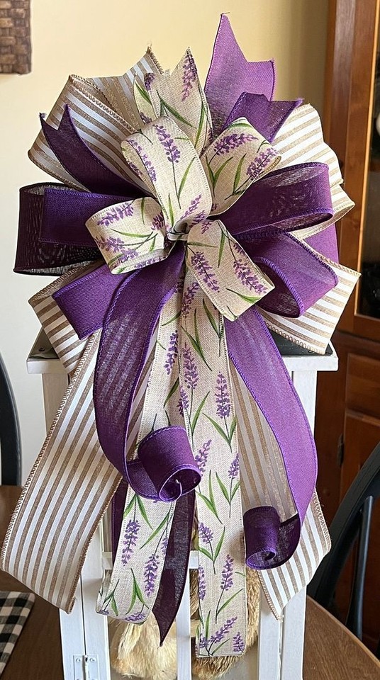 10 " Tan & Purple floral Handmade Wired Bow for Wreath Basket Lantern ...