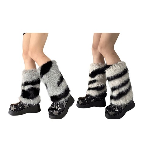 Women Y2K Winter Warm Leg Warmer Punk Striped Fuzzy Plush Boot Cuffs ...