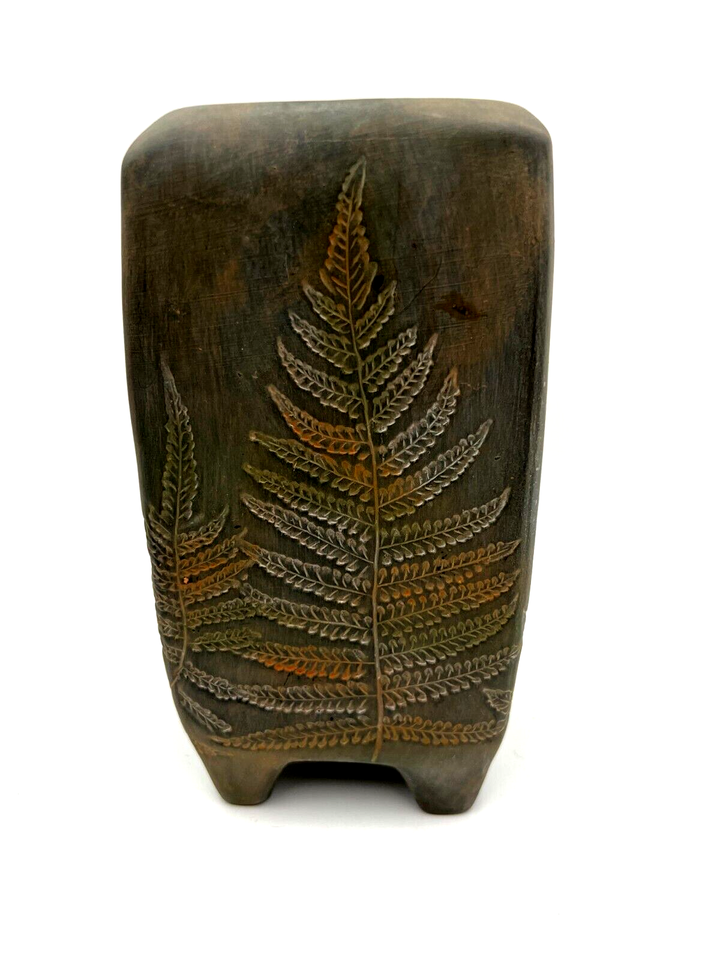 Studio Art Pottery Fern Leaf Embossed Slate Gray Vase with Legs 8" T x ...
