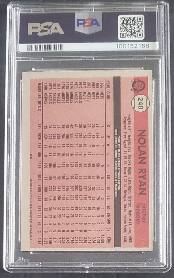 1981 OPC O-PEE-CHEE MLB NOLAN RYAN #240 SP GRAY BACK GRADED PSA 7 LOW ...