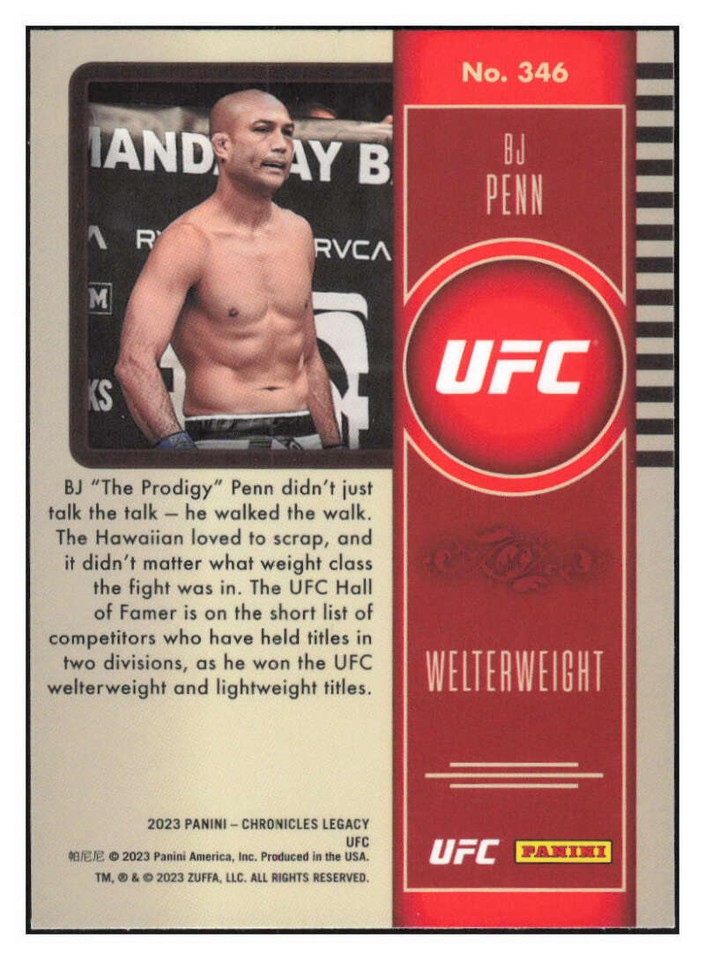 BJ PENN 2023 Panini Chronicles #346 UFC Legacy Premium Edition ID:83452 ...