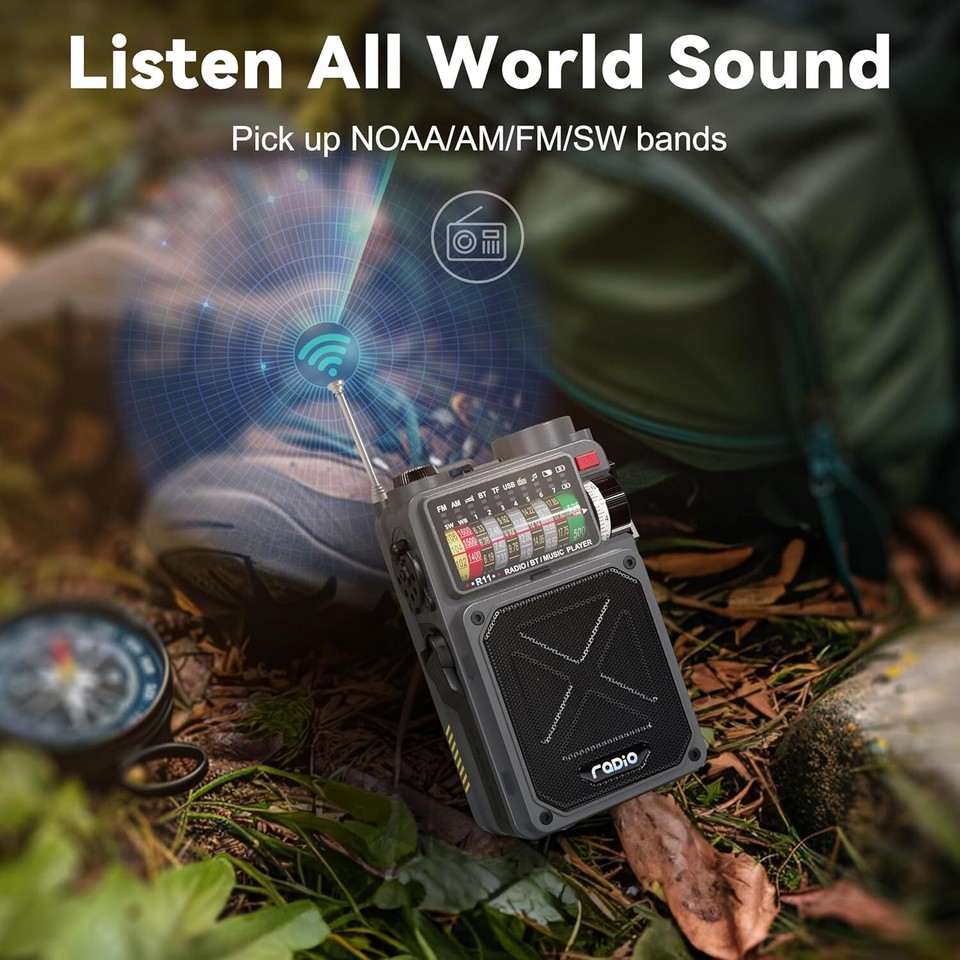 EMC Radio with Bluetooth,Flashlight,with USB Charged&Hand Crank&Solar ...