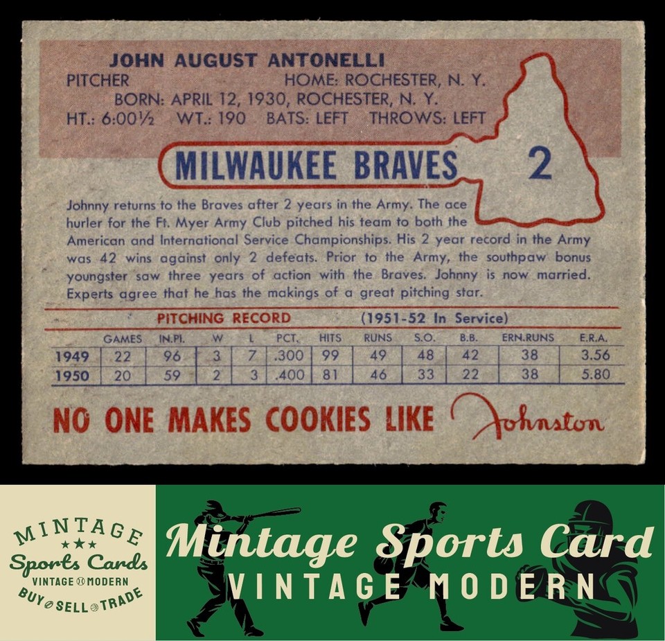 1953 Johnston Cookies Milwaukee Braves - John Antonelli - #2 Milwaukee ...