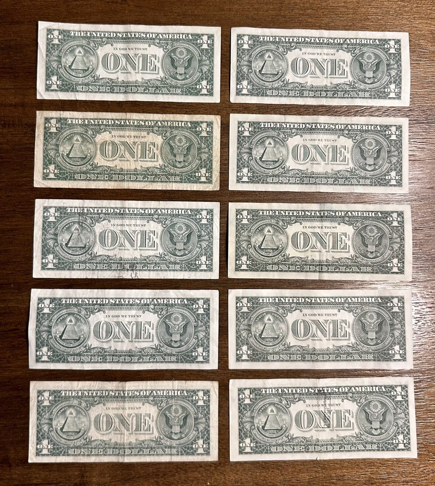 Old $1 Dollar Bills - 1963-1988 Lot of 10 Different, 1963B Barr, More ...