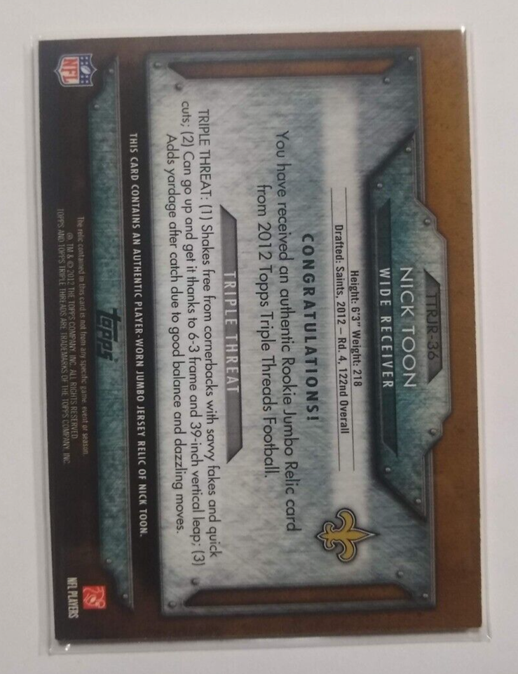 2012 Topps Triple Threads Nick Toon RC Jersey Card #ed 4/75 Saints | eBay