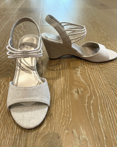IMPO SANDALS BEIGE IVORY LINEN 'VANOLO' 8M SHOES OPEN TOE WEDGE STRETCH ...