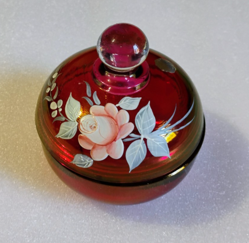 Westmoreland Ruby Stain Puff Box Hand Painted Floral Design Artist ...