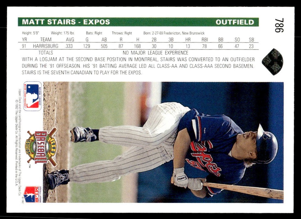 1992 Upper Deck 786 Matt Stairs Montreal Expos Baseball Card | eBay