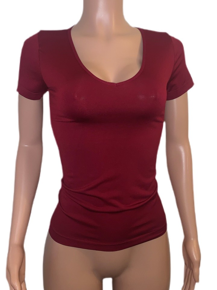 Sexy Burgundy Seamless T-shirt Fitted Stretchy O/S Cleavage Top New ...