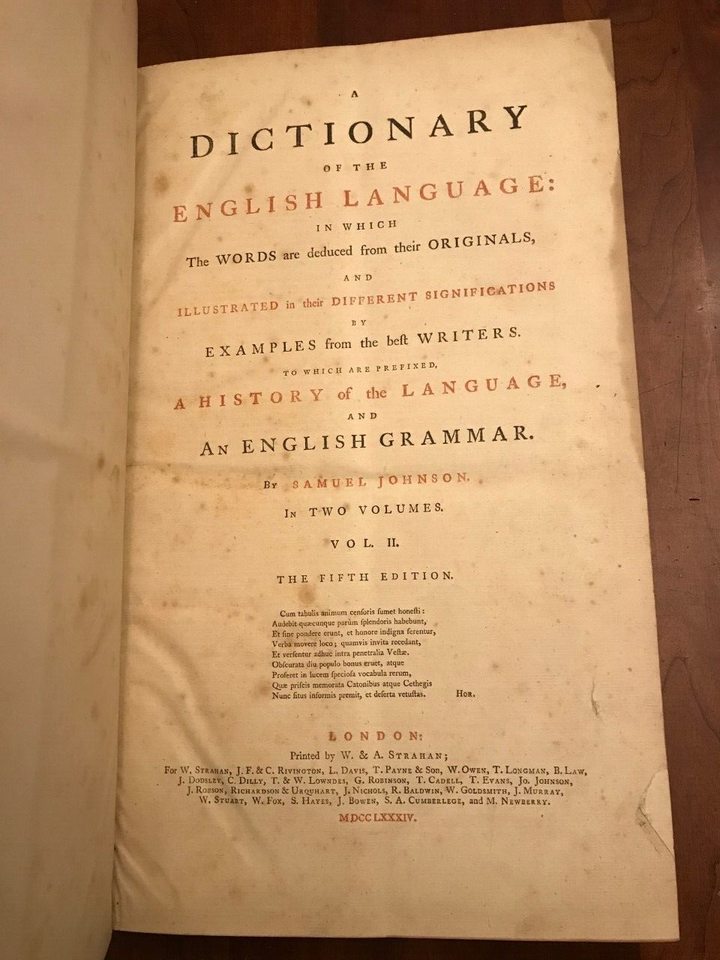 1784 Samuel Johnson DICTIONARY OF ENGLISH LANGUAGE 2 Vols History ...