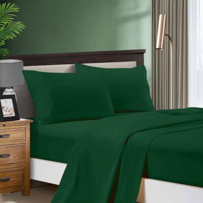 1000TC Ultra Soft Double Size Bed Dark Green Flat & Fitted Sheet Set ...