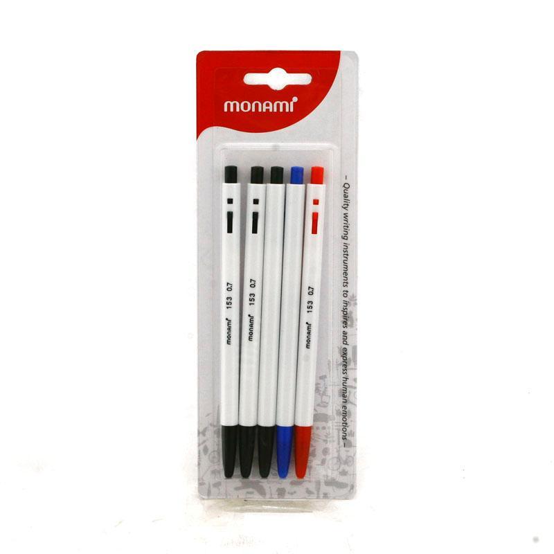 MONAMI 153 0.7mm Ballpoint Pen 5pcs(Black x 3, Red x 1, Blue x 1) Made ...