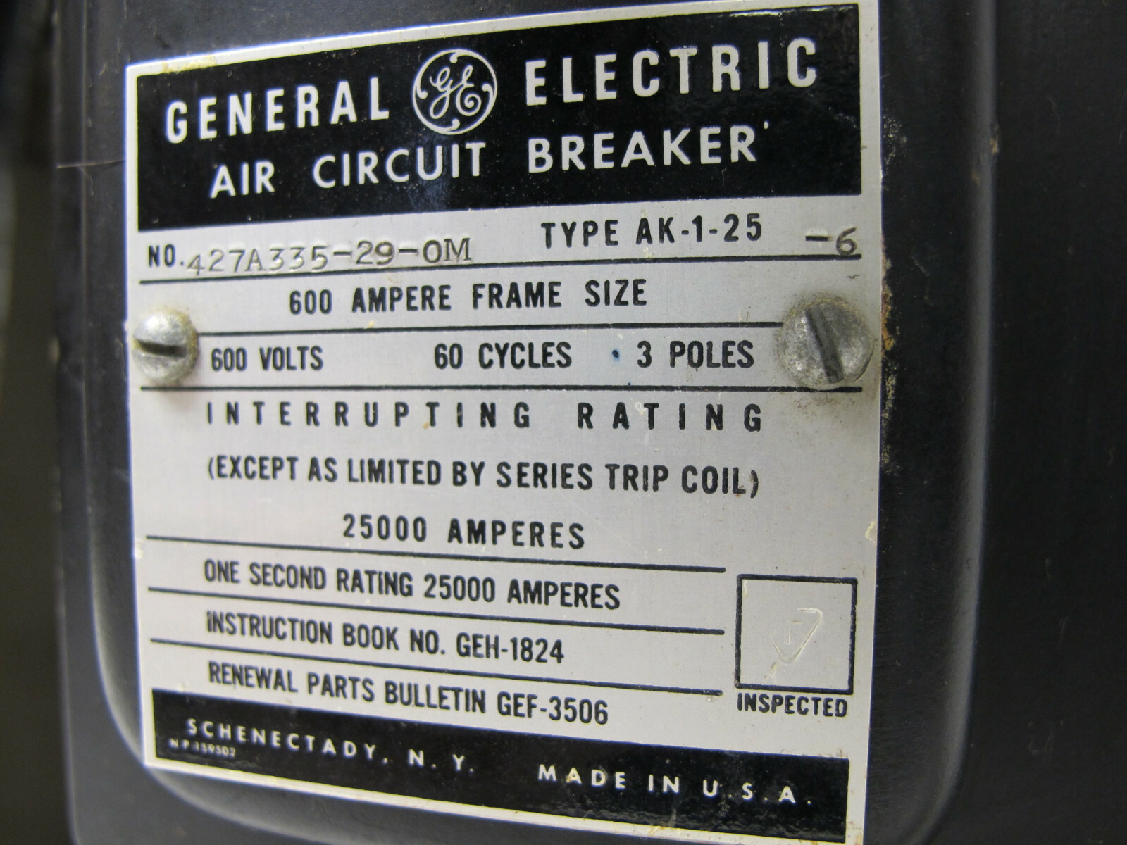 General Electric Air Breaker AK-1-25-6 600 Amp 600 V EC-2A 225A Trip ...