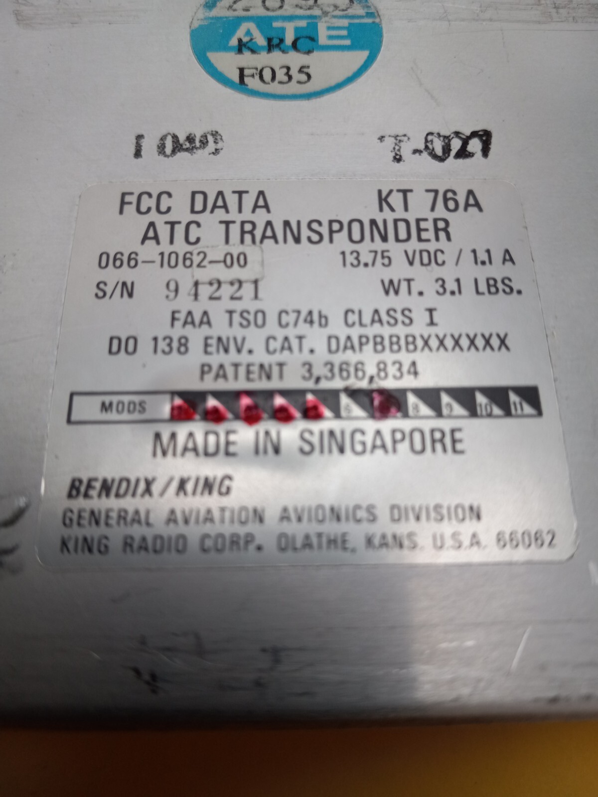 KT76A Transponder with rack P/N 066-1062-00 S/N 94221 | eBay