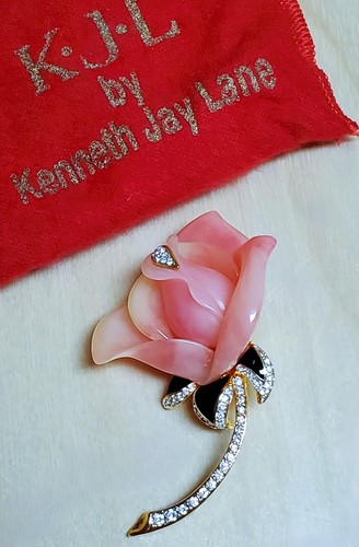 NEW Kenneth J Lane KJL Pink Rose Flower Pin Brooch Lucite Rhinestones ...