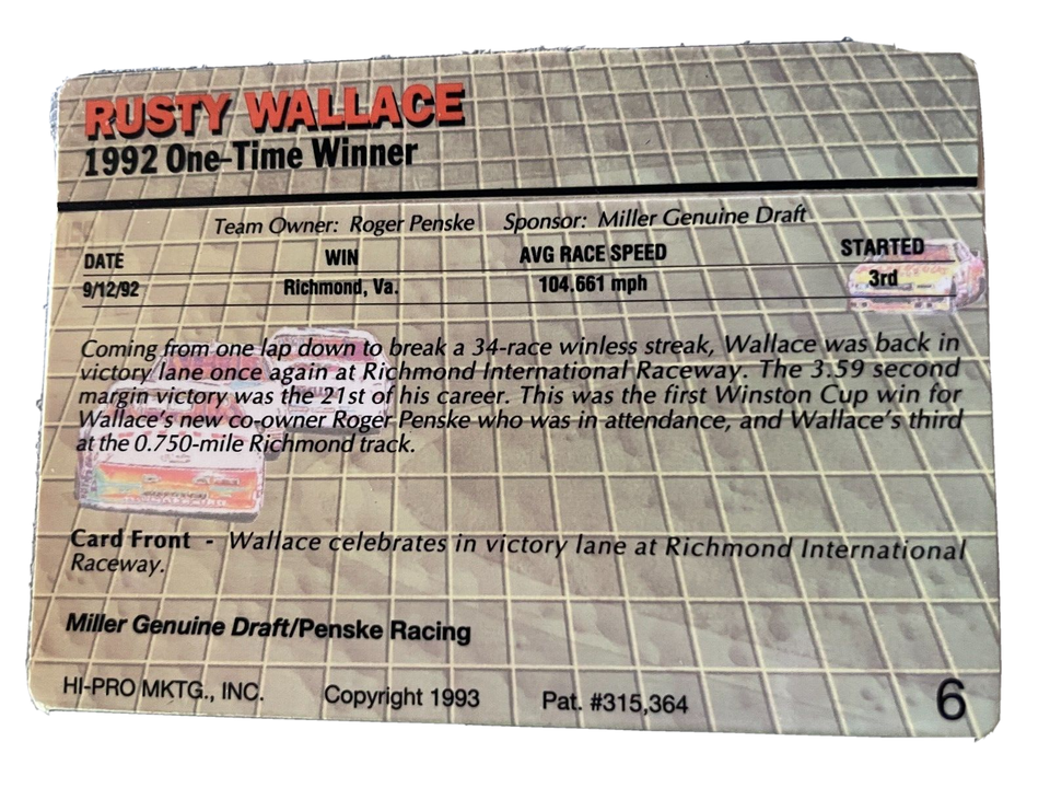1993 Action Packed - [Base] #6 - Rusty Wallace Card | eBay