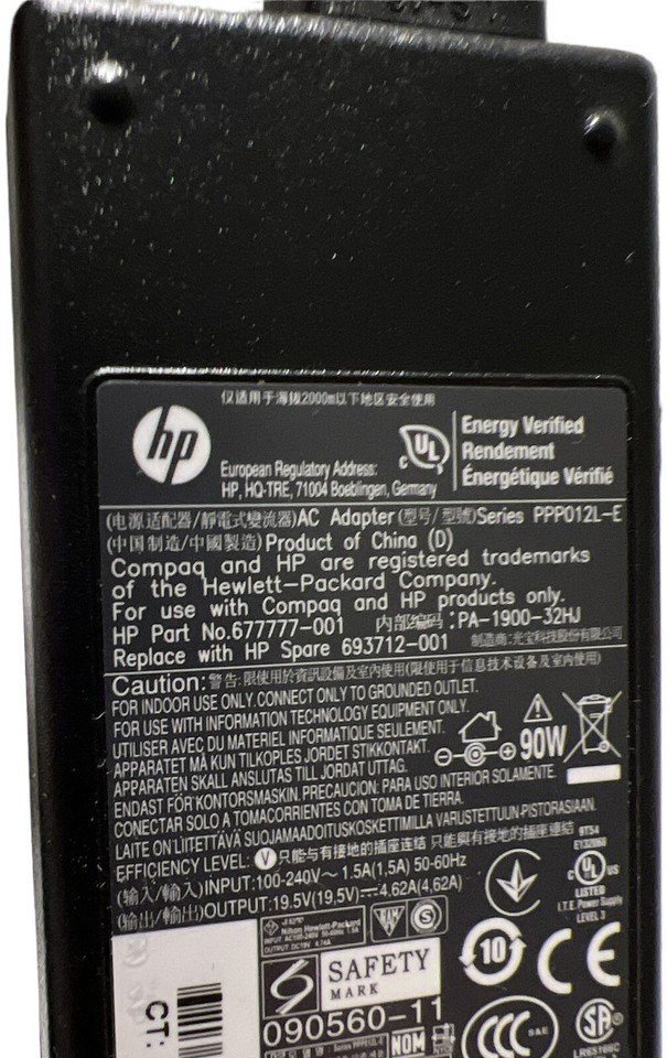 HP PPP012L-E 677777-001 Laptop AC Adapter 19.5V 4.62A 90W PIN IN MIDDLE ...