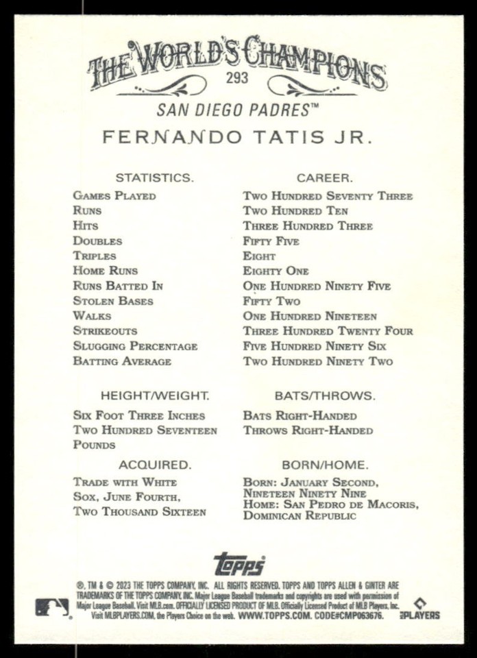 2023 Topps Allen and Ginter #293 Fernando Tatis Jr. | eBay UK