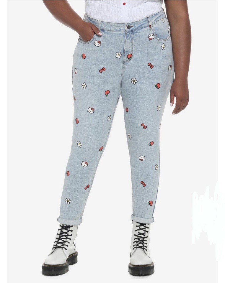 Hello kitty Hot Topic Junior Denim Mom Jeans Apple Flower Skinny Sanrio ...