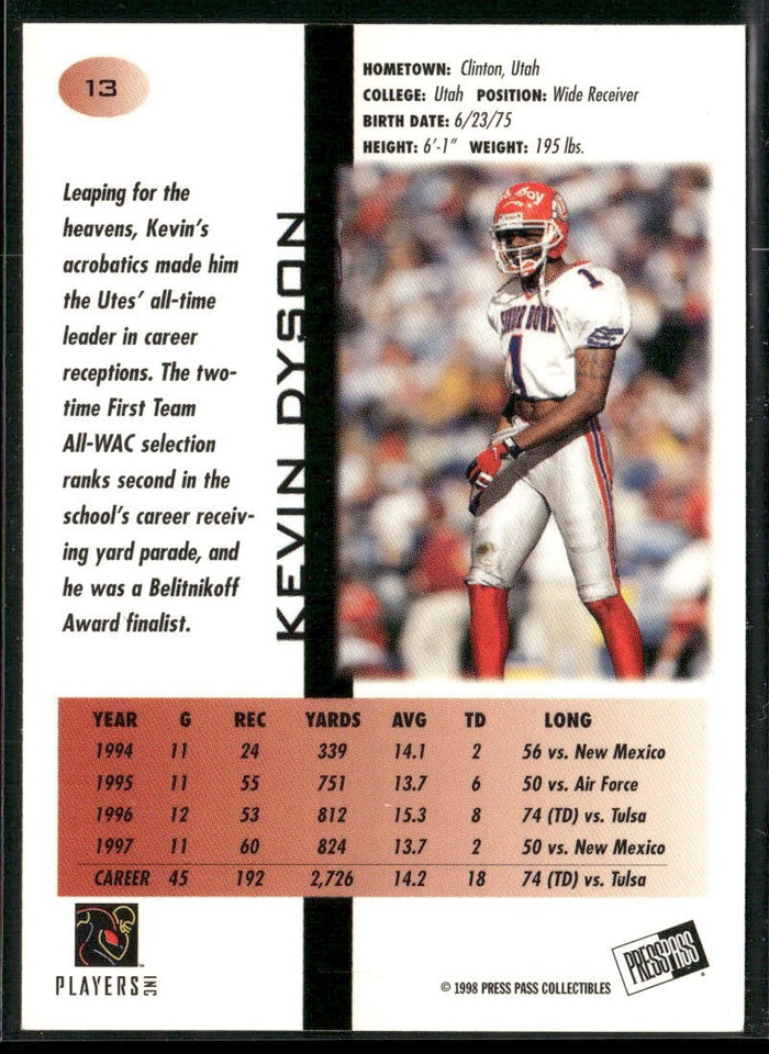 1998 Press Pass #13 Kevin Dyson Pick Offs Blue | eBay