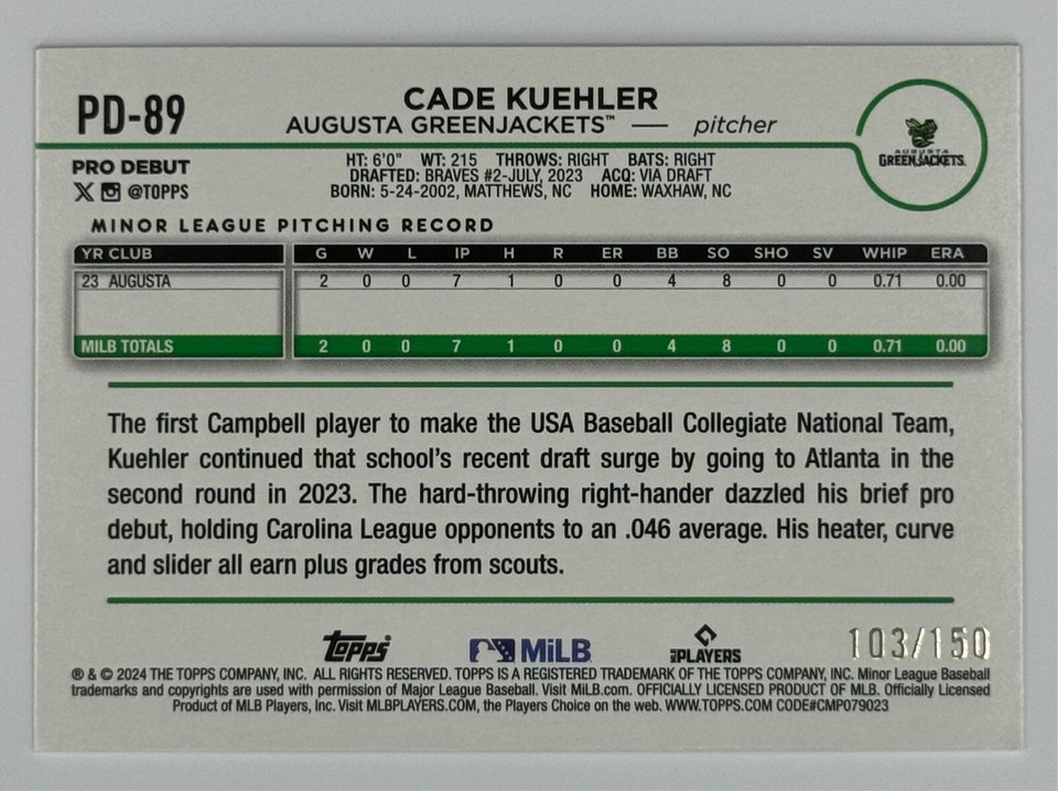 2024 Topps Pro Debut Blue Foil #PD-89 Cade Kuehler - Greenjackets ...