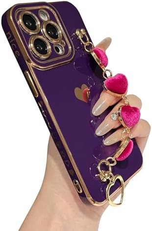 for iPhone 13 Pro Case,Cute Plating Love Heart Wrist Strap Chain Bracelet Phone | eBay