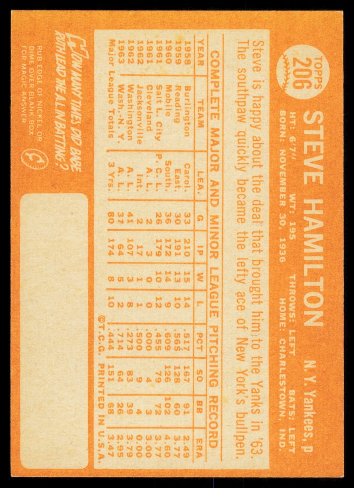 1964 Topps #206 Steve Hamilton New York Yankees | eBay