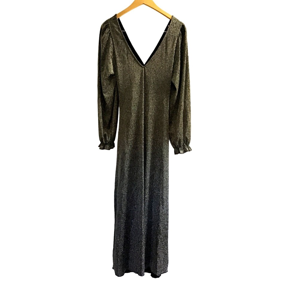 SHEIN -SILVER MODERLY SURPLICE NECK BISHOP SLEEVE SPLIT GLITTER DRESS ...