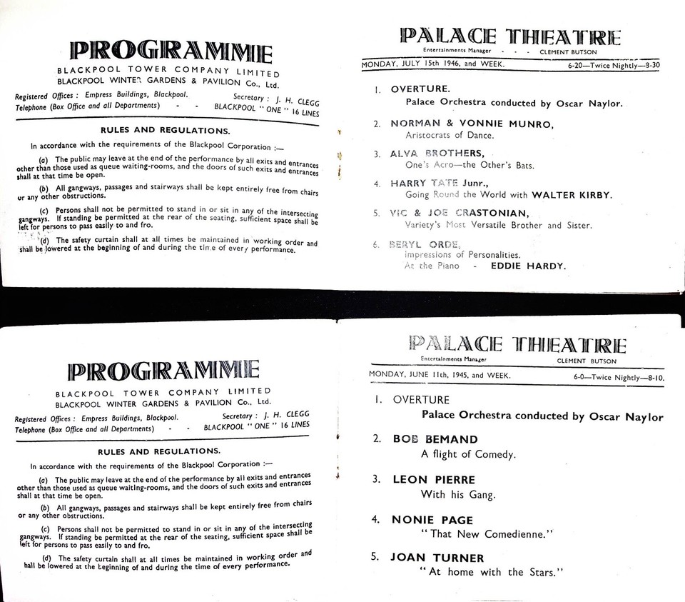 2 x 1940s Palace Variety Theatre Blackpool Programmes 1945 1946 WWII Music Hall | eBay
