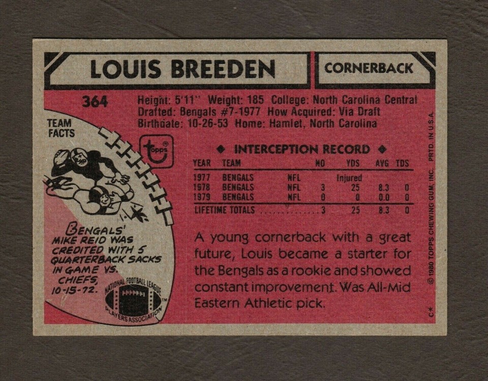 1980 Topps Football Card #364 Louis Breeden - Cincinnati Bengals | eBay