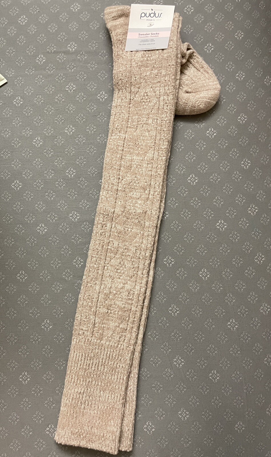 Pudus Sweater Socks, Tan & White Long, Above Knee Socks, Fits Size 6-10 ...