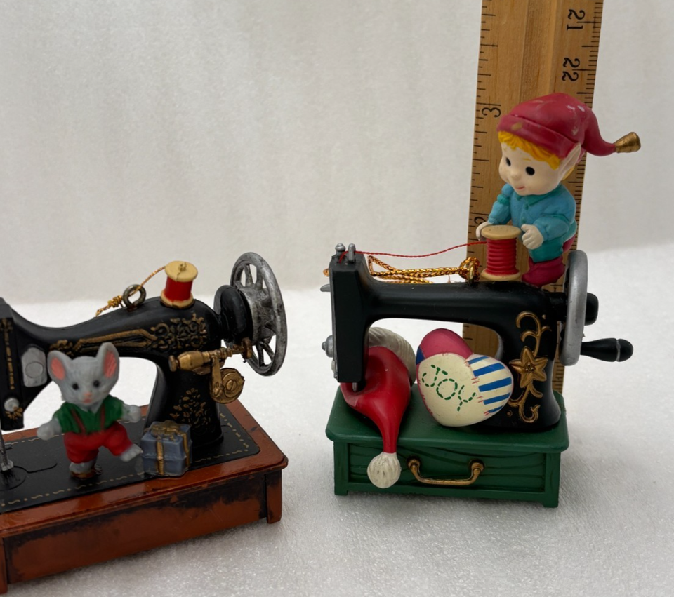 Vtg Christmas Ornament Black Sewing Machines Hand-Crank Mouse & Elf | eBay