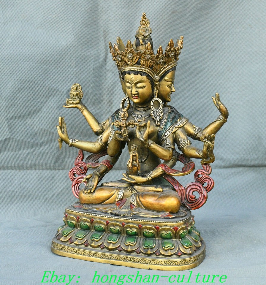 Old Tibet Purple Bronze Gold 3 Head 8 Arm Amitayus Longevity God Buddha ...