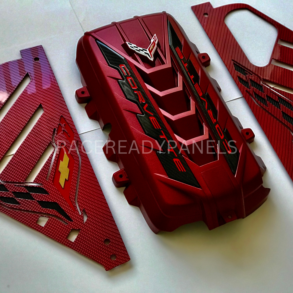 2020/24 CORVETTE ENGINE COVER EDGE RED SILVER EMBLEM CARBON FIBER ...